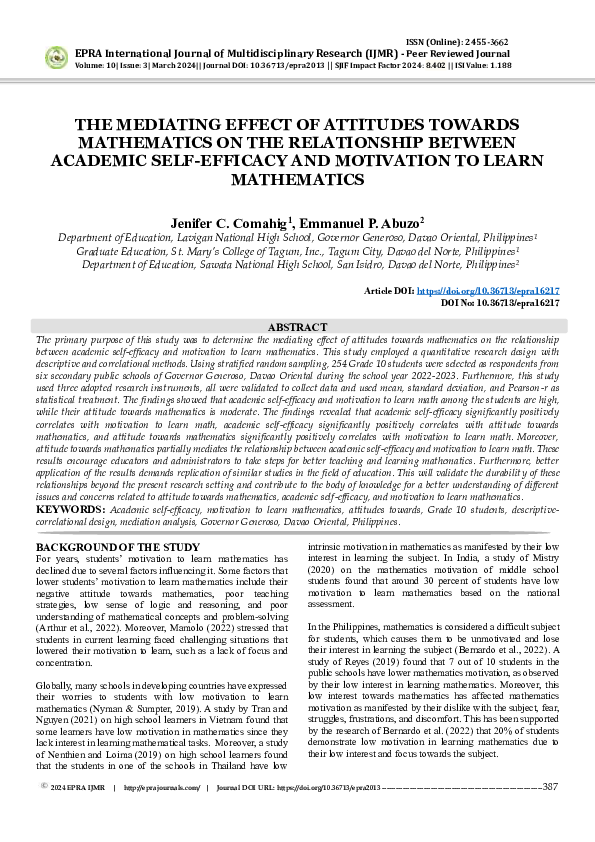(PDF) The Mediating Effect of Attitudes Towards Mathematics on the ...
