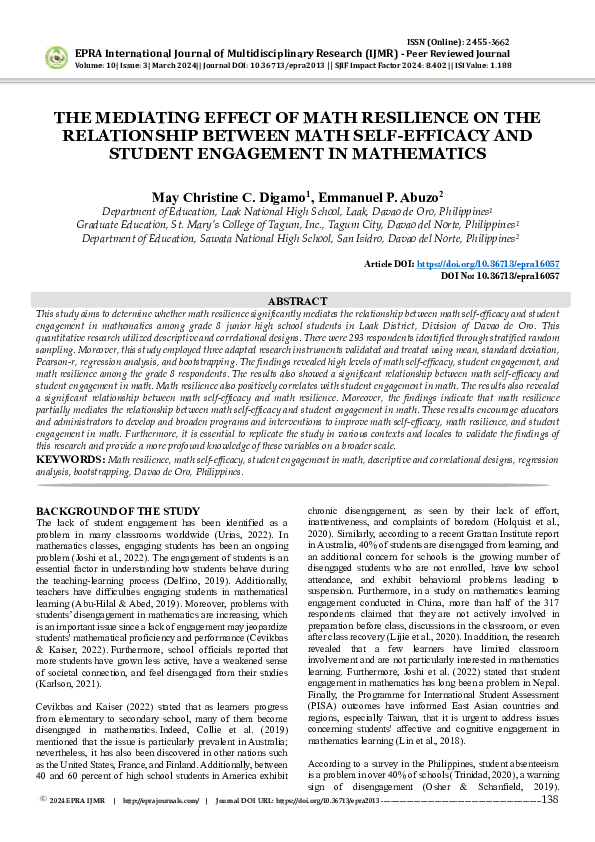 (PDF) The Mediating Effect of Math Resilience on the Relationship Between Math Self-Efficacy and ...