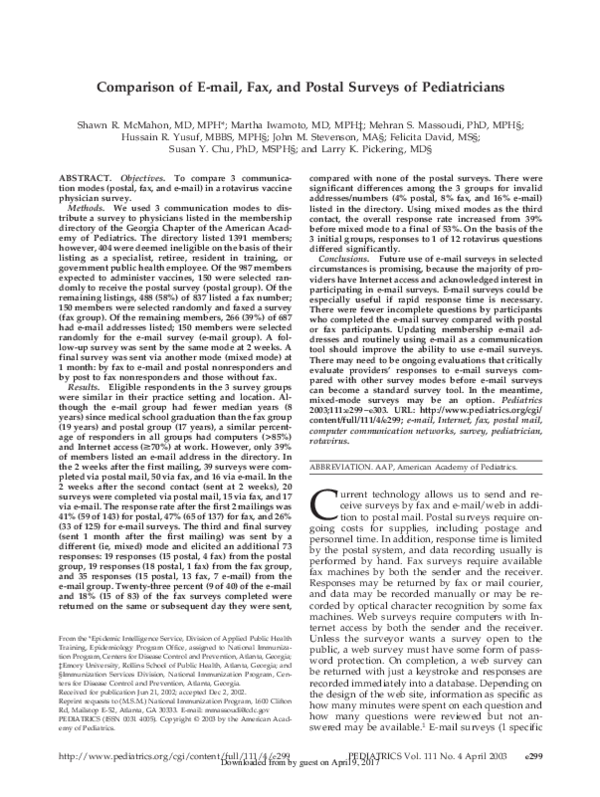 (PDF) Comparison of E-mail, Fax, and Postal Surveys of Pediatricians