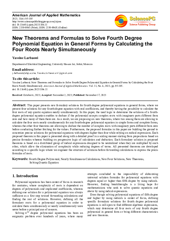 (PDF) New Theorems and Formulas to Solve Fourth Degree Polynomial Equation in General Forms by ...