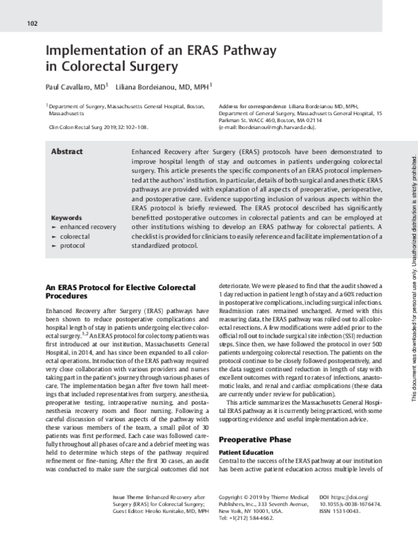 (PDF) Implementation of an ERAS Pathway in Colorectal Surgery