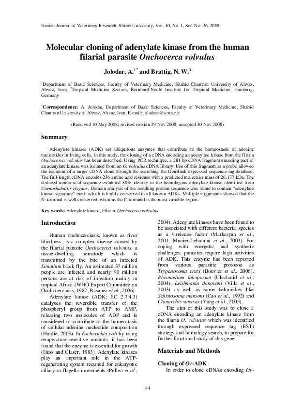 (PDF) Molecular cloning of adenylate kinase from the human filarial ...