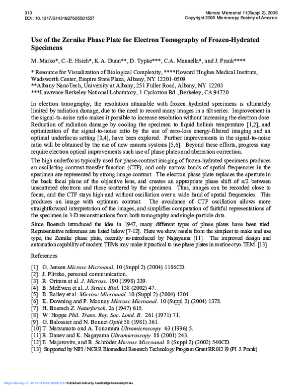 (PDF) Use of the Zernike Phase Plate for Electron Tomography of Frozen ...