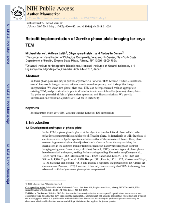 (PDF) Retrofit implementation of Zernike phase plate imaging for cryo-TEM