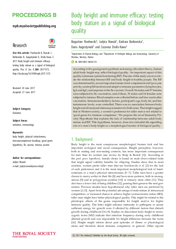 (PDF) Body height and immune efficacy: testing body stature as a signal ...