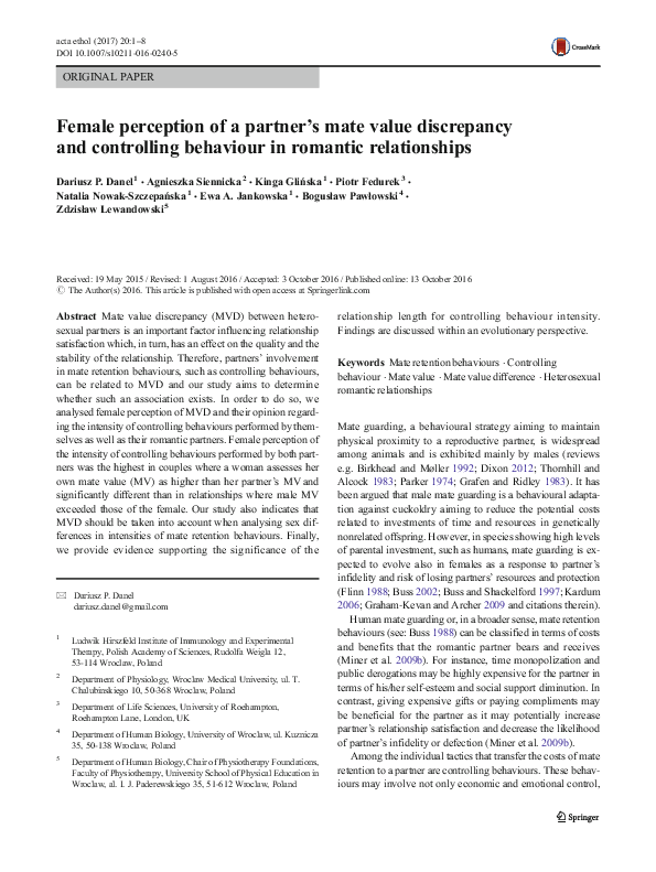 (PDF) Female perception of a partner’s mate value discrepancy and ...