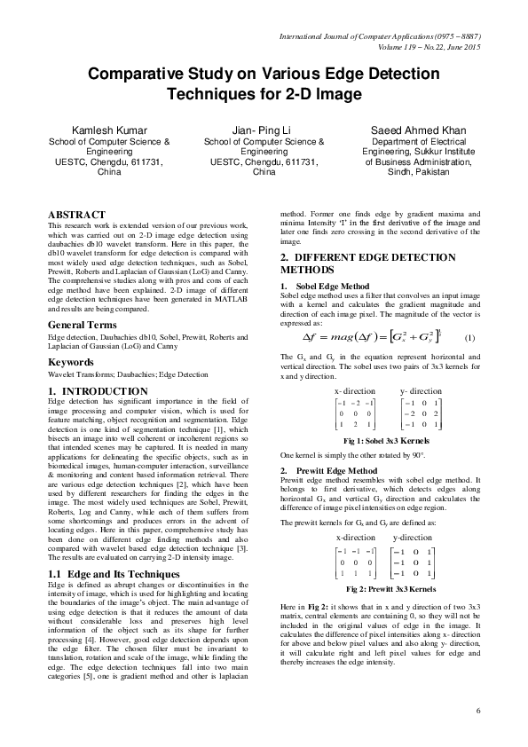 (PDF) Comparative Study on Various Edge Detection Techniques for 2-D Image