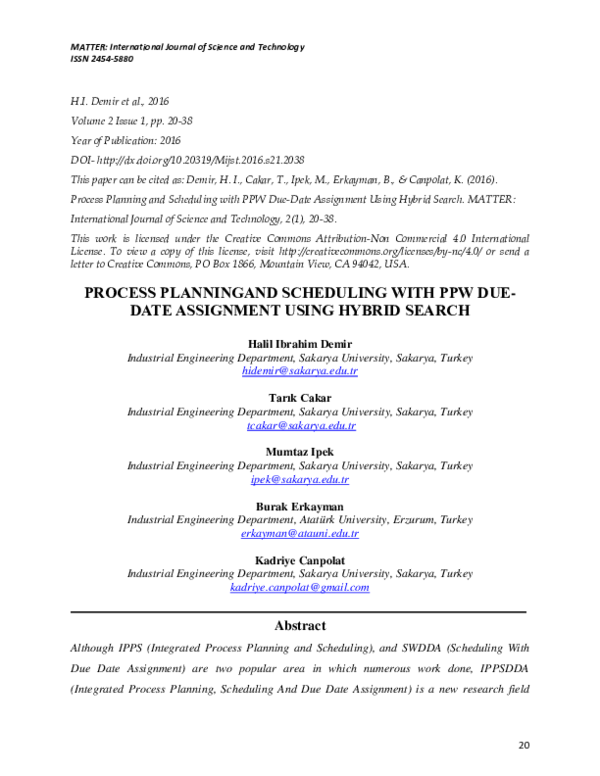 (PDF) Process Planning and Scheduling with PPW Due-Date Assignment Using Hybrid Search | TARIK ...