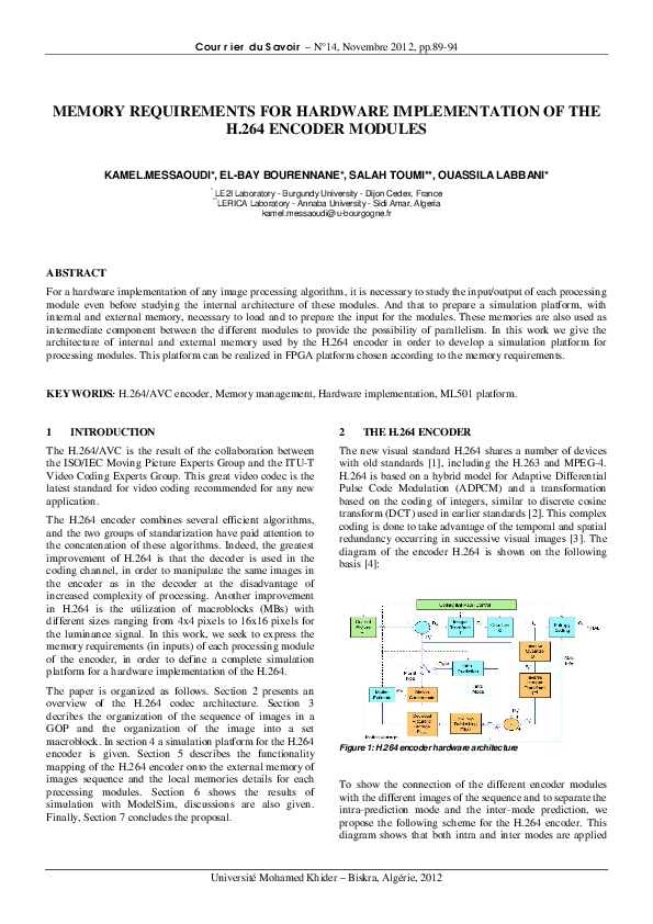 (PDF) Memory Architecture for H.264 Encoder Simulation on FPGA