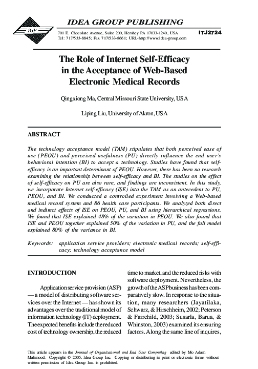 (PDF) The Role of Internet Self-Efficacy in Acceptance of Web-Based Electronic Medical Records