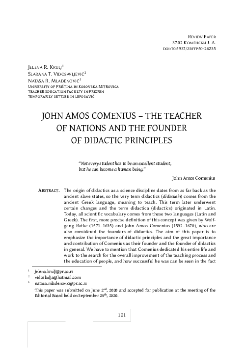 (PDF) John Amos Comenius: The teacher of nations and the founder of didactic principles
