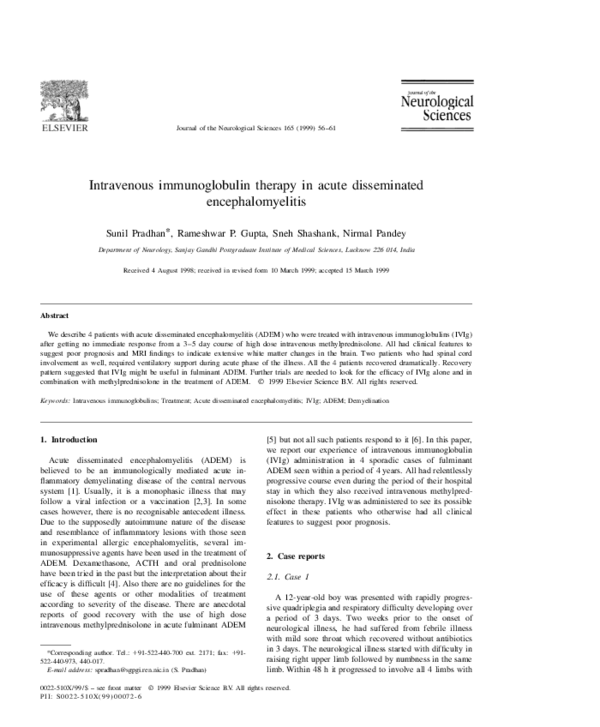 (PDF) Intravenous immunoglobulin therapy in acute disseminated encephalomyelitis