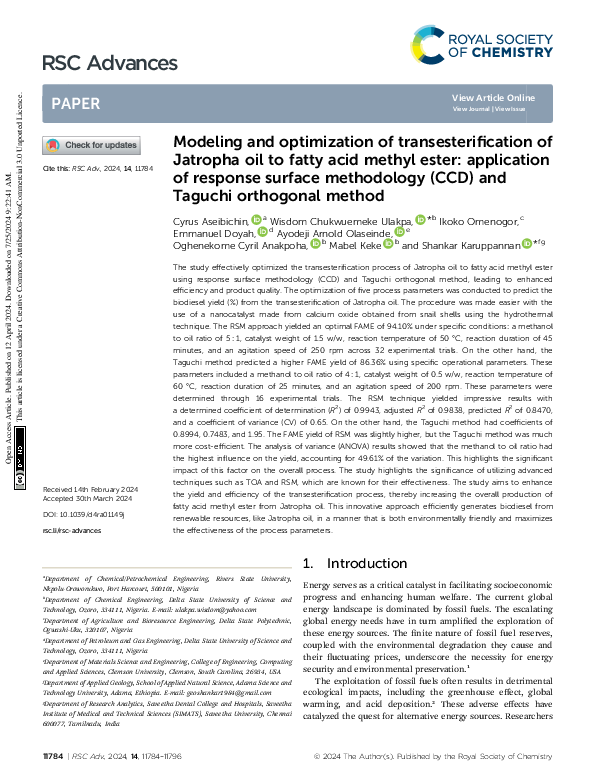 (PDF) Modeling and optimization of transesterification of Jatropha oil to fatty acid methyl ...