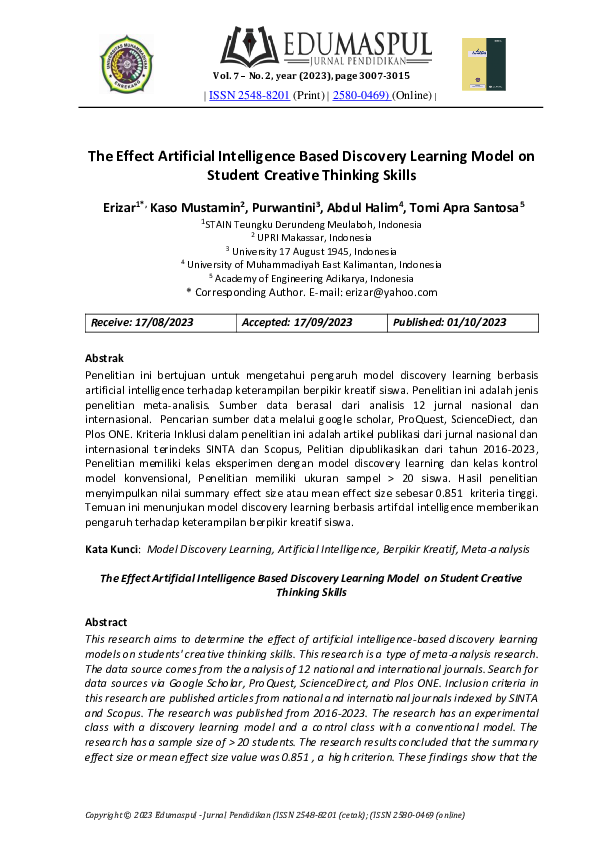 (PDF) The Effect Artificial Intelligence Based Discovery Learning Model on Student Creative ...