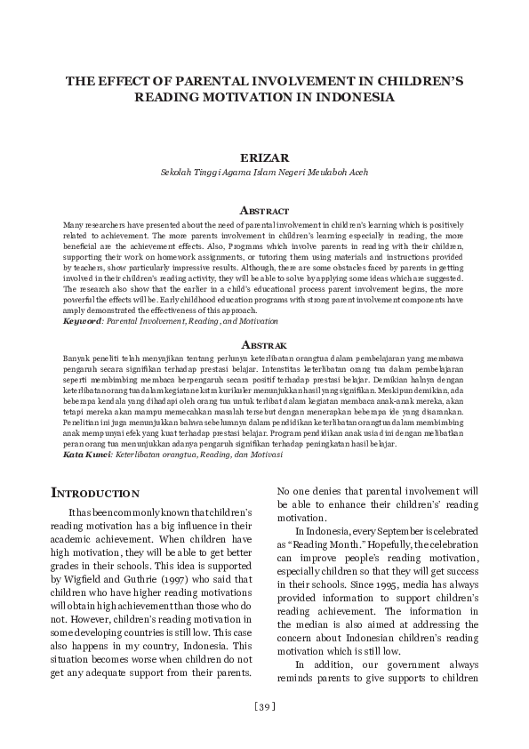 (PDF) The Effect of Parental Involvement in Children’s Reading Motivation in Indonesia | ERIZAR ...