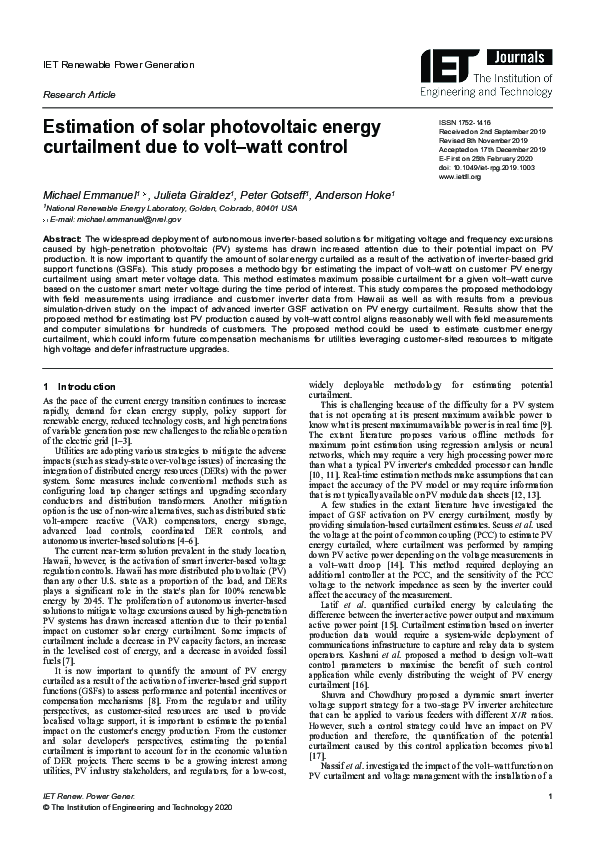 (PDF) Estimation of solar photovoltaic energy curtailment due to volt ...