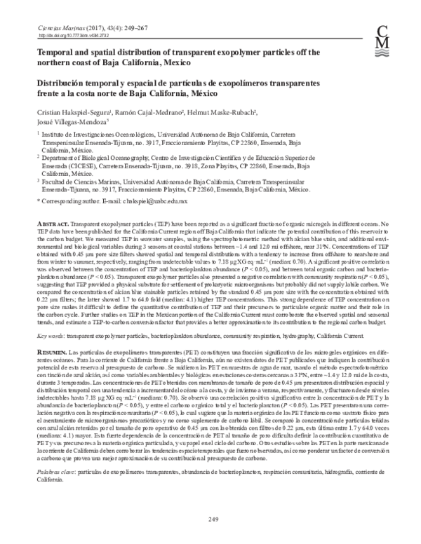 (PDF) Temporal and spatial distribution of transparent exopolymer ...