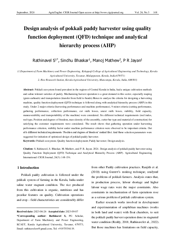 (PDF) Design analysis of pokkali paddy harvester using quality function deployment (QFD ...