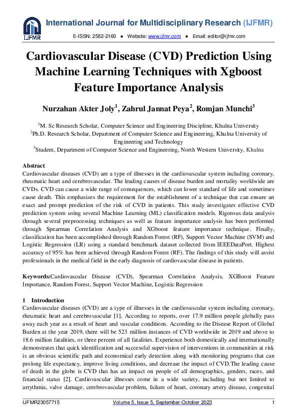 Pdf Cardiovascular Disease Cvd Prediction Using Machine Learning Techniques With Xgboost