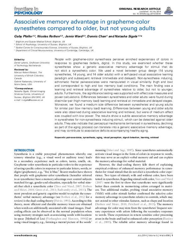(PDF) Associative memory advantage in grapheme-color synesthetes ...