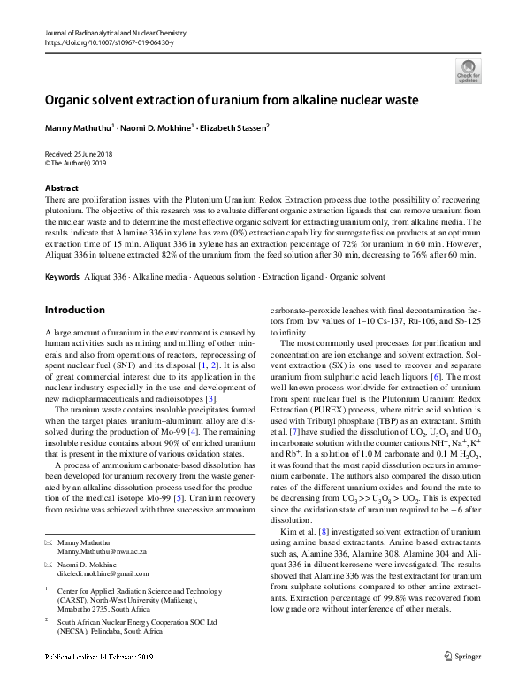 (PDF) Organic solvent extraction of uranium from alkaline nuclear waste
