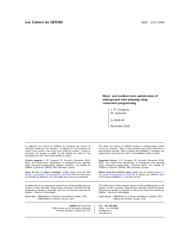(PDF) Short- and medium-term optimization of underground mine planning using constraints programming
