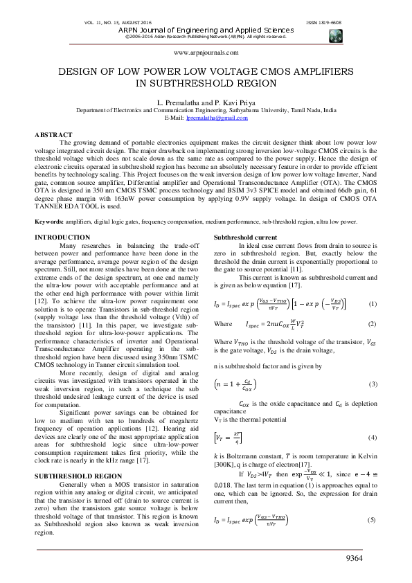 (PDF) Design of Low Power Low Voltage Cmos Amplifiers in Subthreshold Region