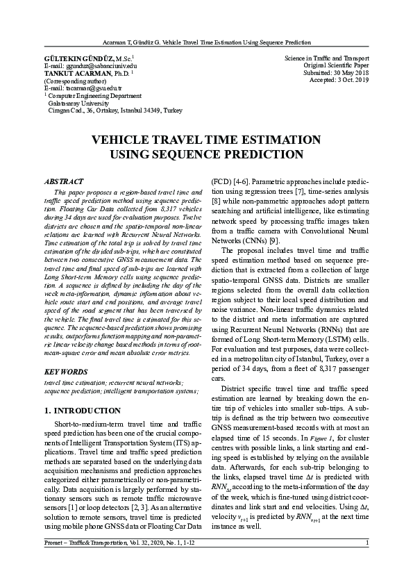 (PDF) Vehicle Travel Time Estimation Using Sequence Prediction