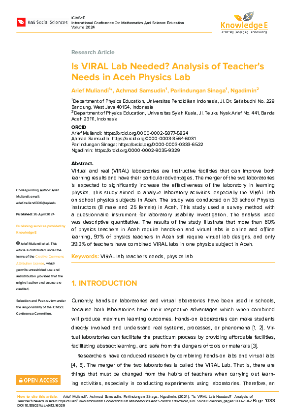 (PDF) Is VIRAL Lab Needed? Analysis of Teacher's Needs in Aceh Physics Lab