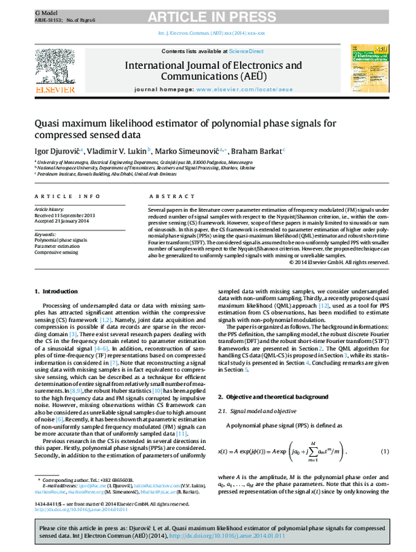 (PDF) Quasi maximum likelihood estimator of polynomial phase signals for compressed sensed data