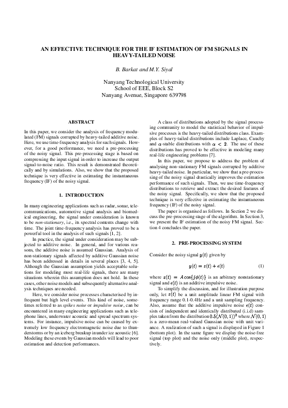 (PDF) An effective technique for the IF estimation of FM signals in heavy-tailed noise
