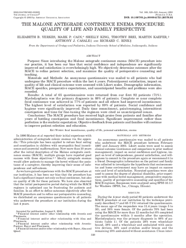 (PDF) The Malone Antegrade Continence Enema Procedure: Quality of Life ...