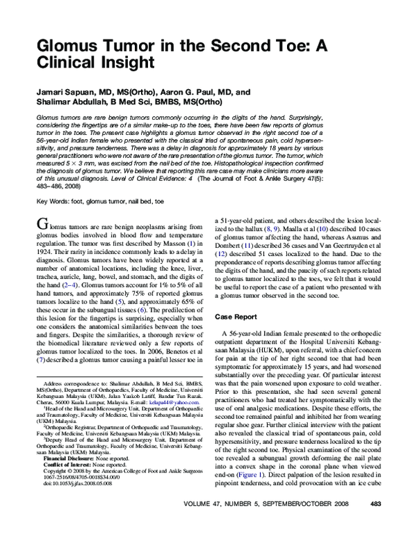 (PDF) Glomus Tumor in the Second Toe: A Clinical Insight