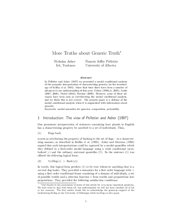 (PDF) More Truths about Generic Truth∗ | Francis Jeffry Pelletier ...