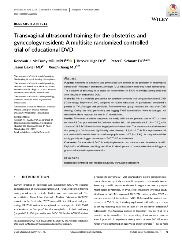(PDF) Transvaginal ultrasound training for the obstetrics and gynecology resident: A multisite ...