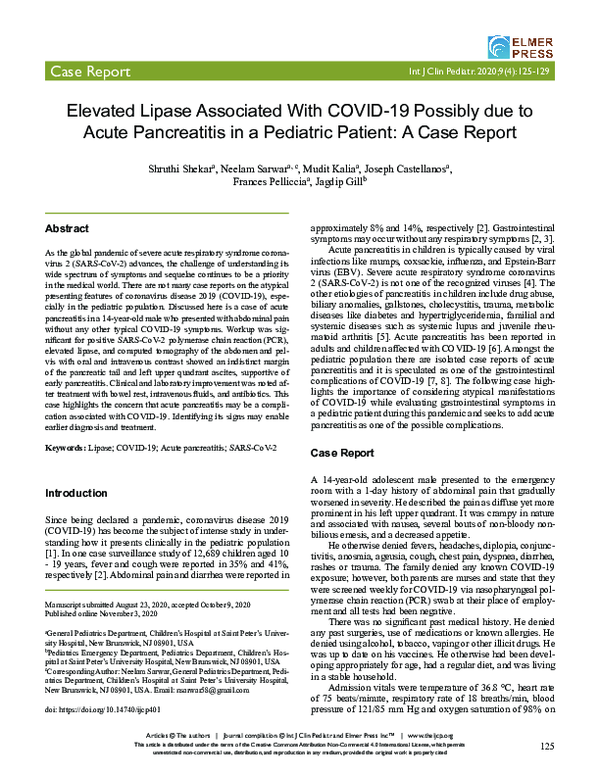 (PDF) Elevated Lipase Associated With COVID-19 Possibly due to Acute ...