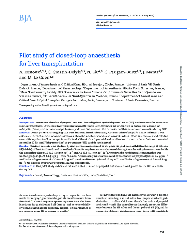 (PDF) Pilot study of closed-loop anaesthesia for liver transplantation