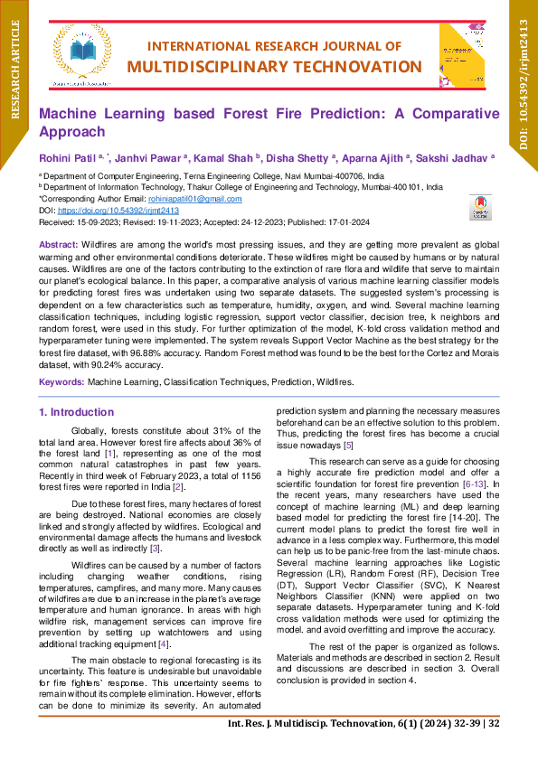 (PDF) Machine Learning based Forest Fire Prediction: A Comparative Approach
