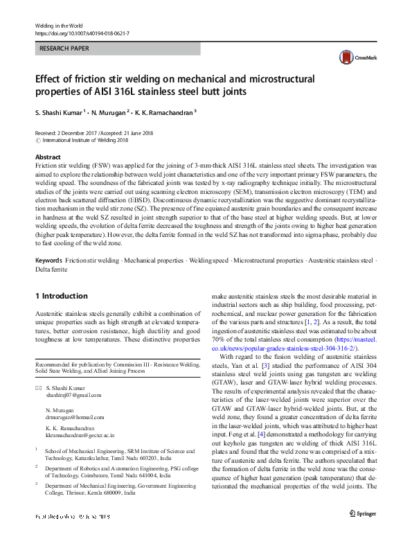 (PDF) Effect of friction stir welding on mechanical and microstructural properties of AISI 316L ...
