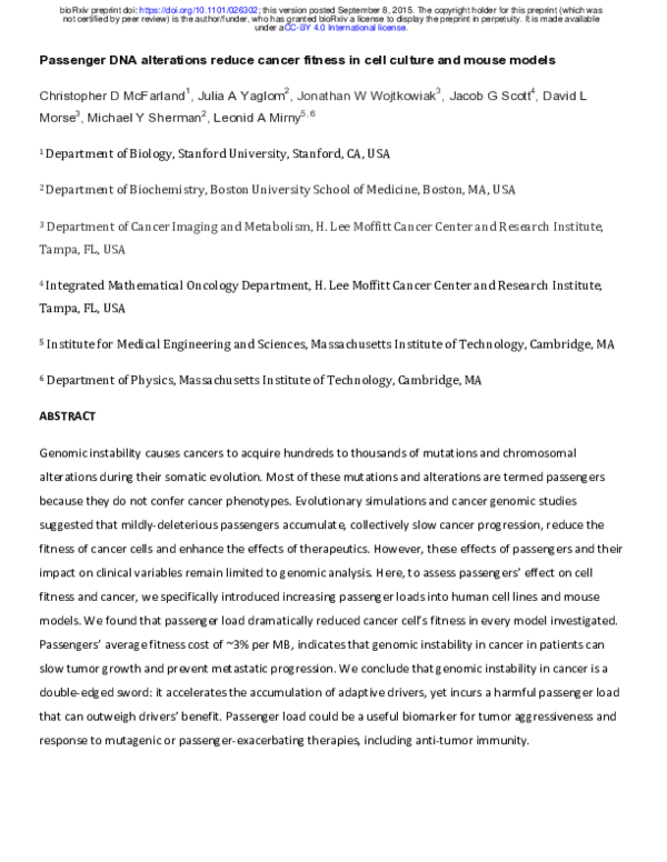 (PDF) Passenger DNA alterations reduce cancer fitness in cell culture ...