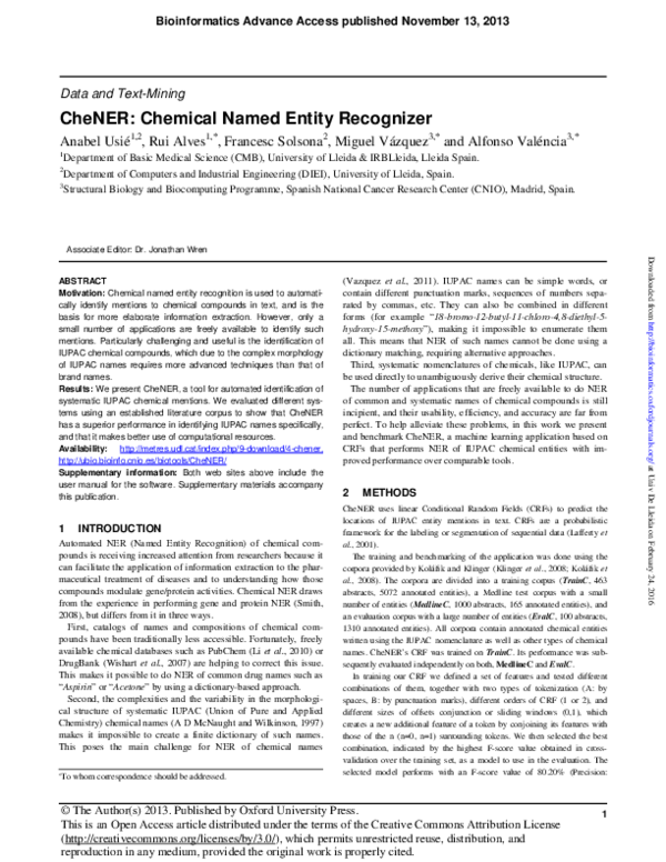 (PDF) 1 Data and Text-Mining CheNER : Chemical Named Entity Recognizer | Francesc Solsona ...