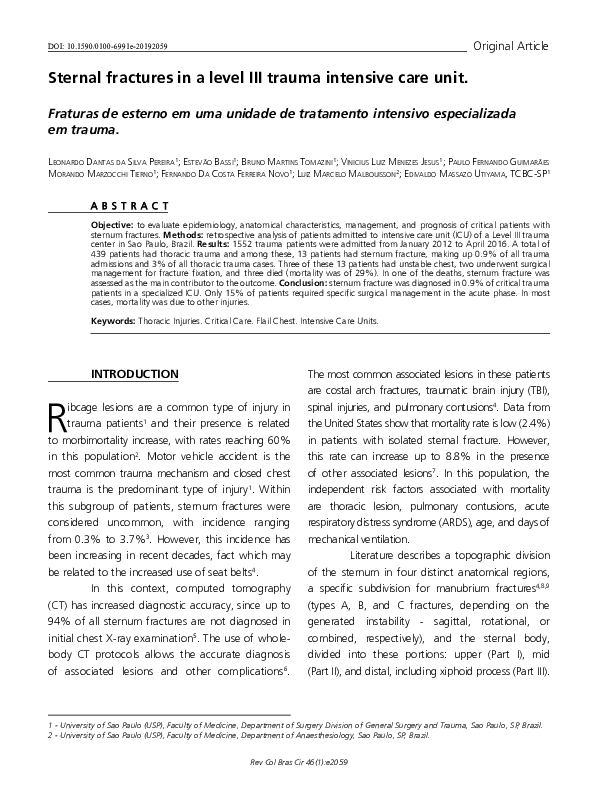 (PDF) Sternal fractures in a level III trauma intensive care unit