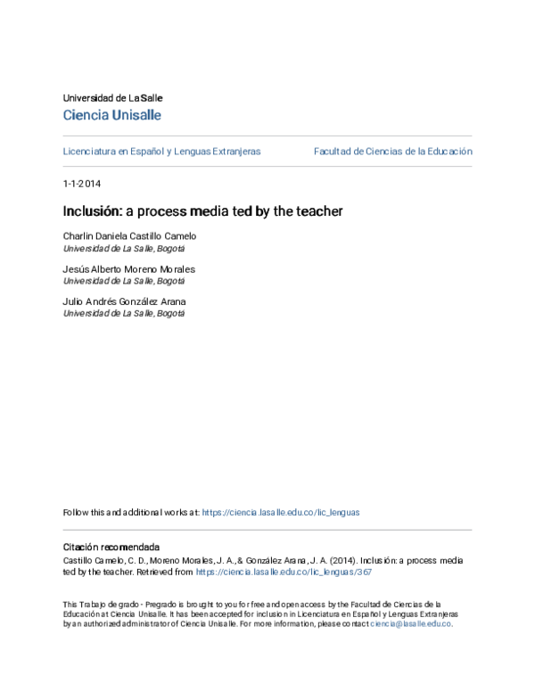 (PDF) Inclusion : a process media ted by the teacher | Jesús Moreno ...