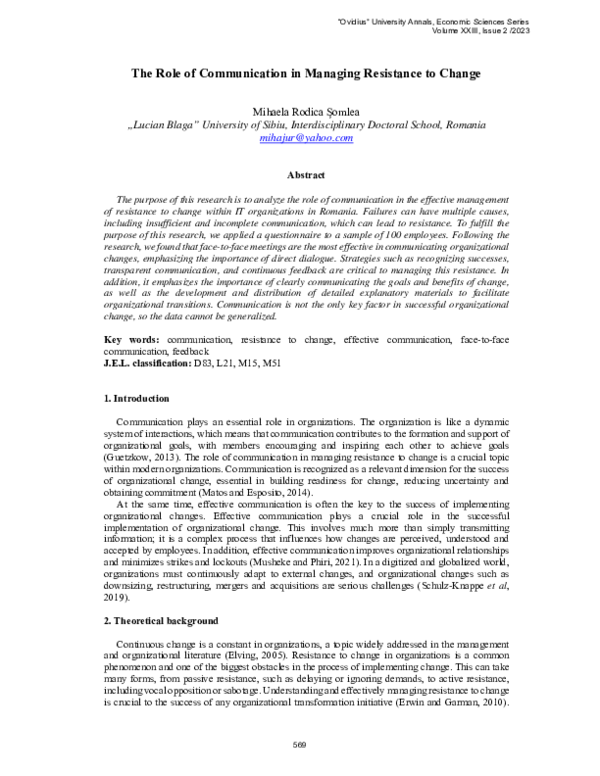 (PDF) The Role of Communication in Managing Resistance to Change