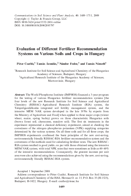 (PDF) Evaluation of Different Fertilizer Recommendation Systems on ...