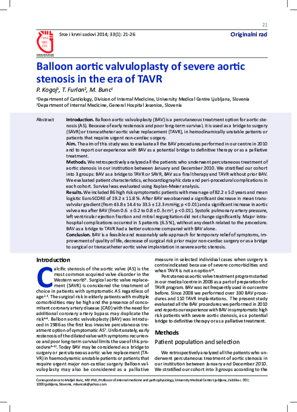 (PDF) Balloon aortic valvuloplasty of severe aortic stenosis in the era of TAVR