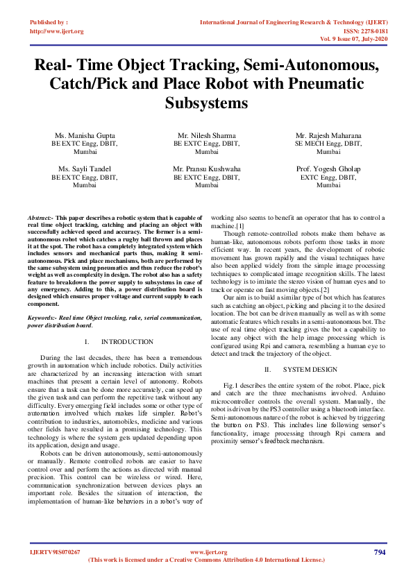 (PDF) Real- Time Object Tracking, Semi-Autonomous, Catch/Pick and Place Robot with Pneumatic ...