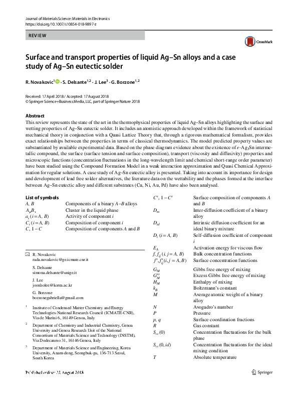 (PDF) Surface and transport properties of liquid Ag–Sn alloys and a case study of Ag–Sn eutectic ...
