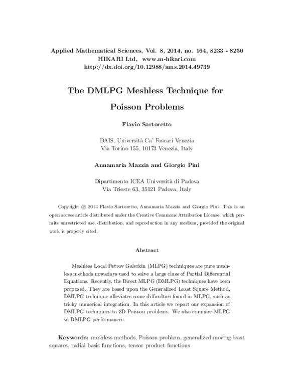 (PDF) The DMLPG meshless technique for Poisson problems | Flavio Sartoretto - Academia.edu