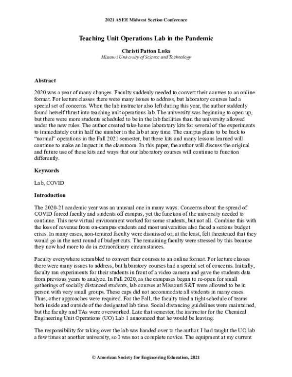 (PDF) Teaching Unit Operations Lab in the Pandemic